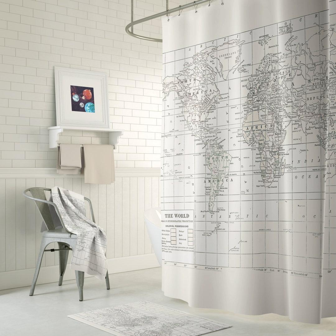 Cream on White World Map Shower Curtain - Historical Map Travel Decor ...