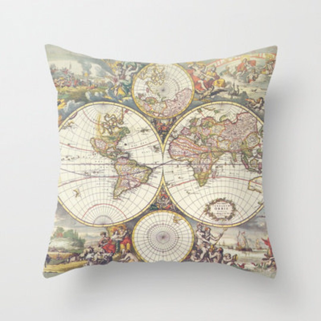 Antique Map Throw Pillow, Home Decor, Earth Tones, World Map ,travel ...