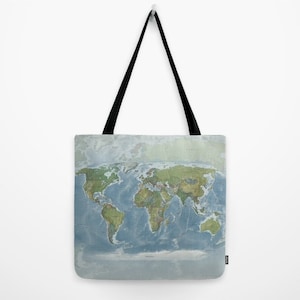 World Map Tote Bag, Modern Topographical Atlas Map Theme Tote ...