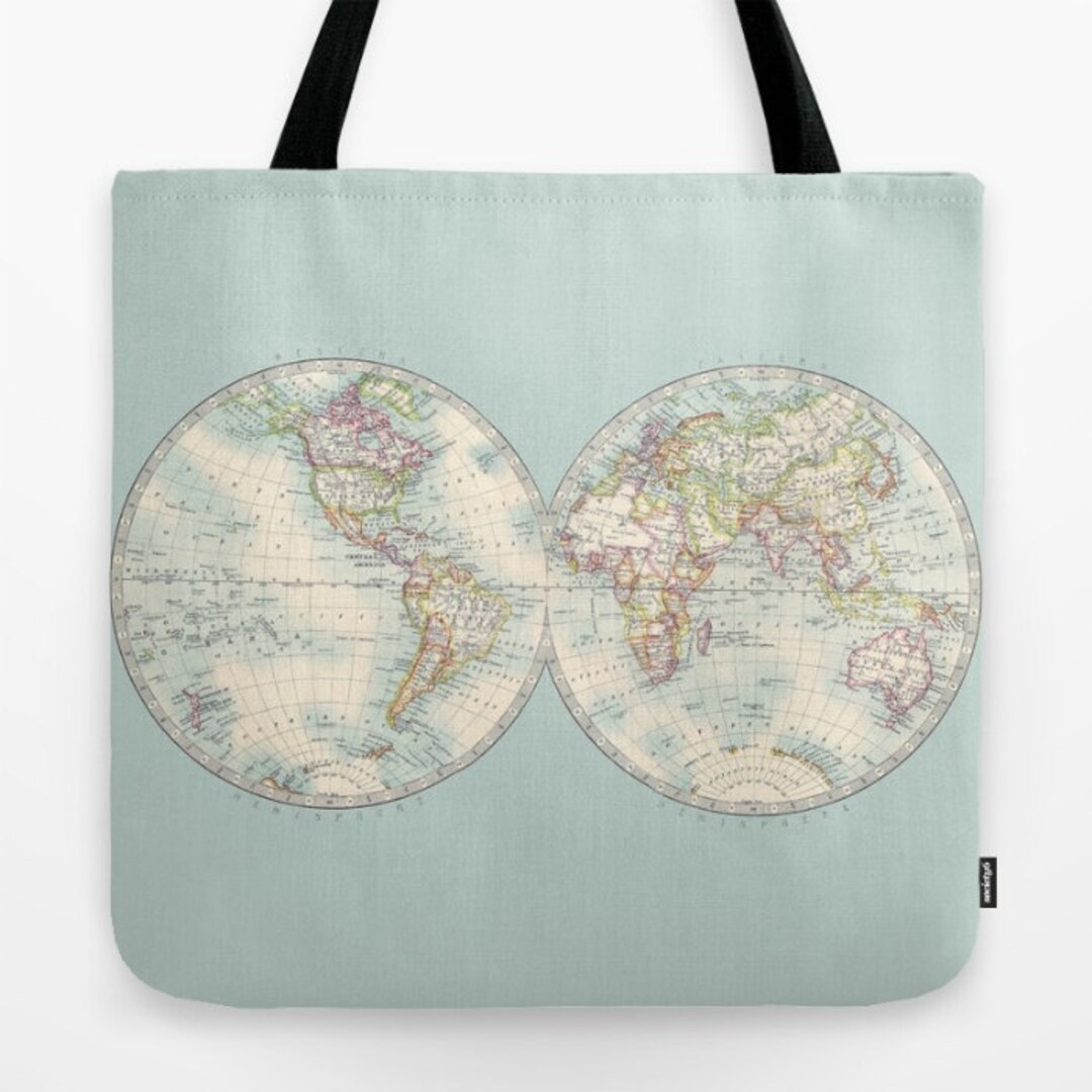 Hemispheres Map Tote Bag, Travel Theme Tote, Everything Bag, Allover ...