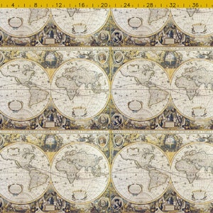 Fabric Yardage - Antique World Map Fabric on Cotton - Sewing Crafting ...