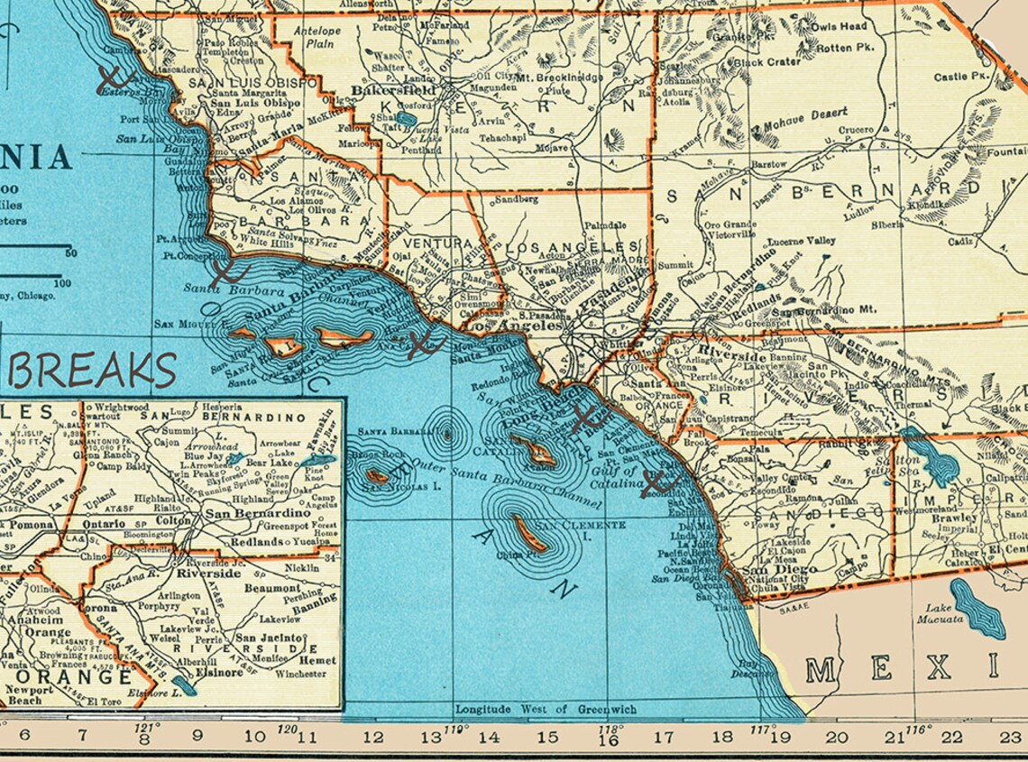 California Surf Map Framed Map Print Surfer Gift Surf | Etsy