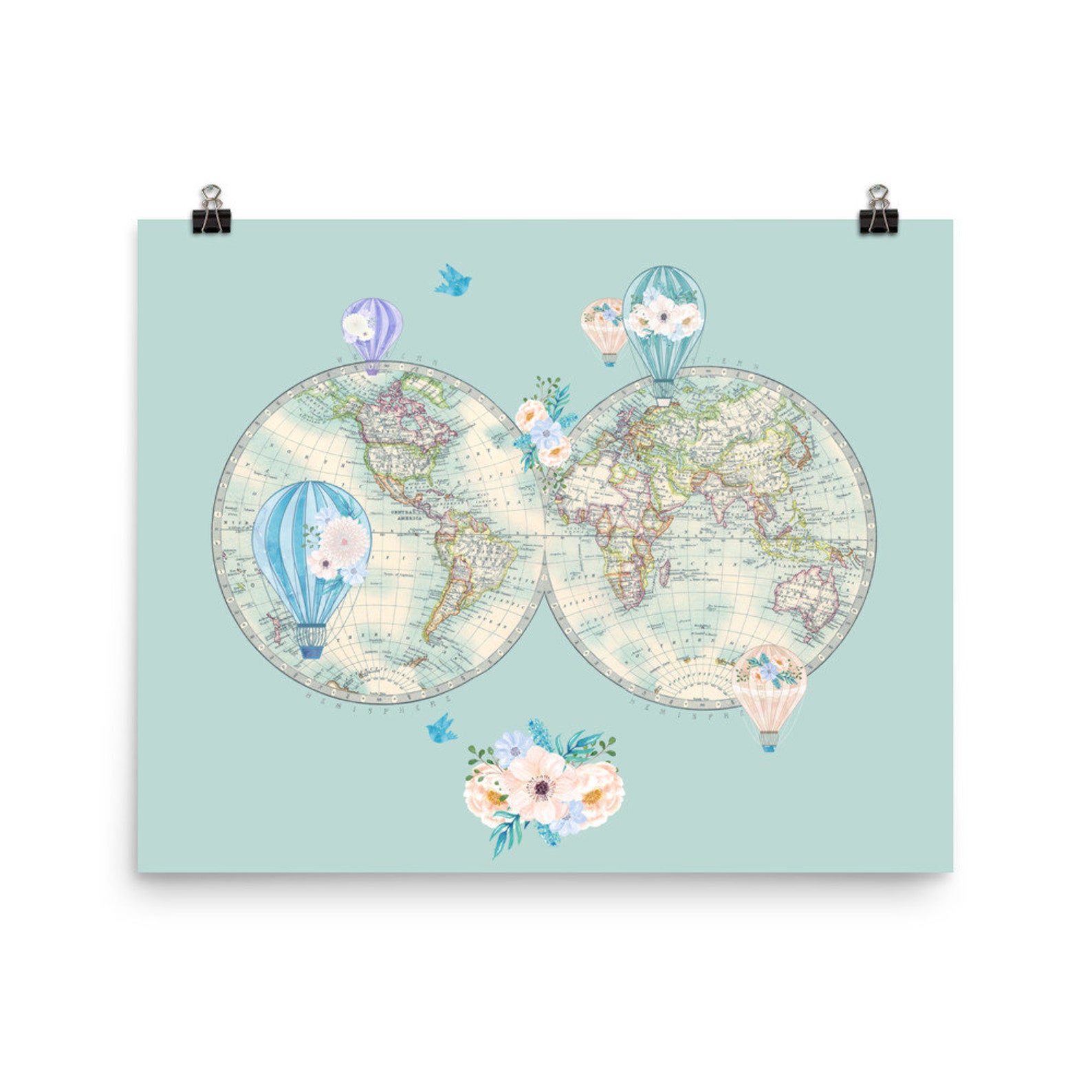 Hot Air Balloon and Map Art Print Wall Art Young Nursery | Etsy