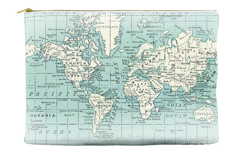 World Map Pencil Case Aqua and Cream Makeup Bag Travel | Etsy
