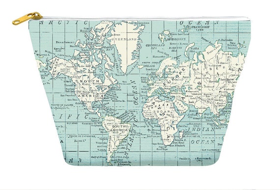 World Map Pencil Case Aqua and Cream Makeup Bag Travel | Etsy