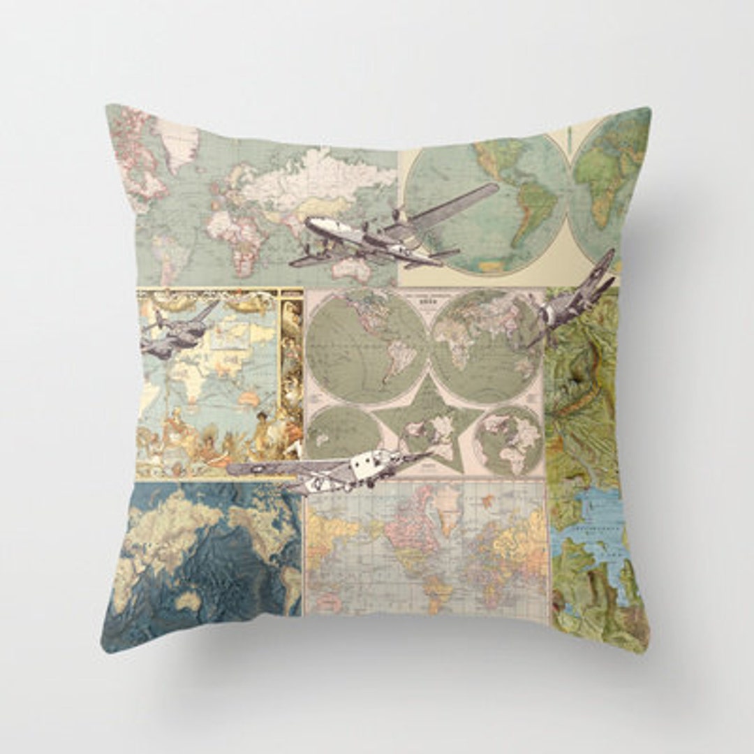 Map Pillow Throw Pillow Maps and Airplaines Travel Decor - Etsy
