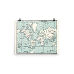 Blue and Cream World Map Matte Print - Travel Decor, Dorm Room, Office ...