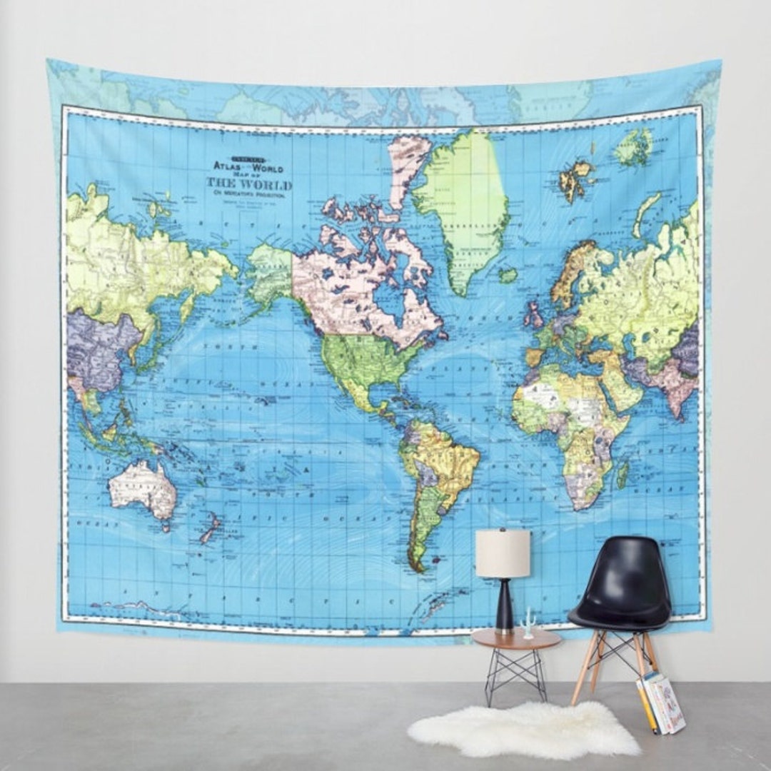 World Map Tapestry Wall Hanging - Vintage Mercator Map, Blue, Green ...
