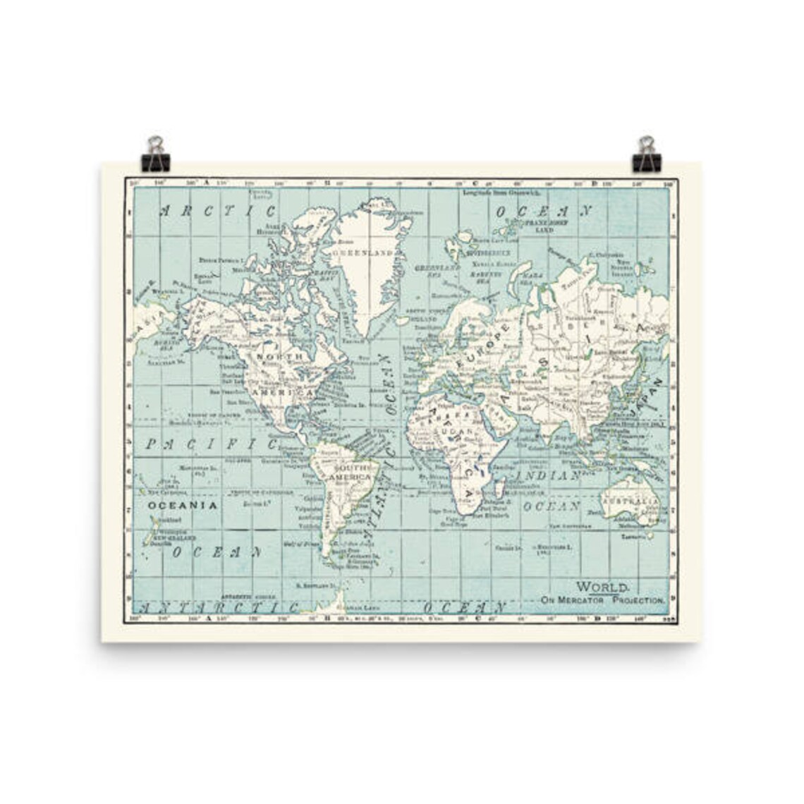 Blue and Cream World Map Matte Print - Travel Decor, Dorm Room, Office ...