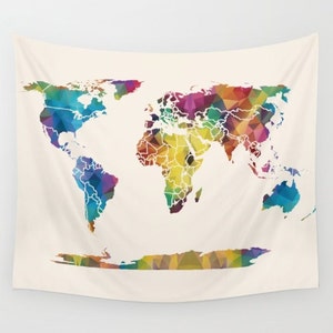 World Map Tapestry Wall Hanging - Geometric Map, Jewel Tones, Triangles ...