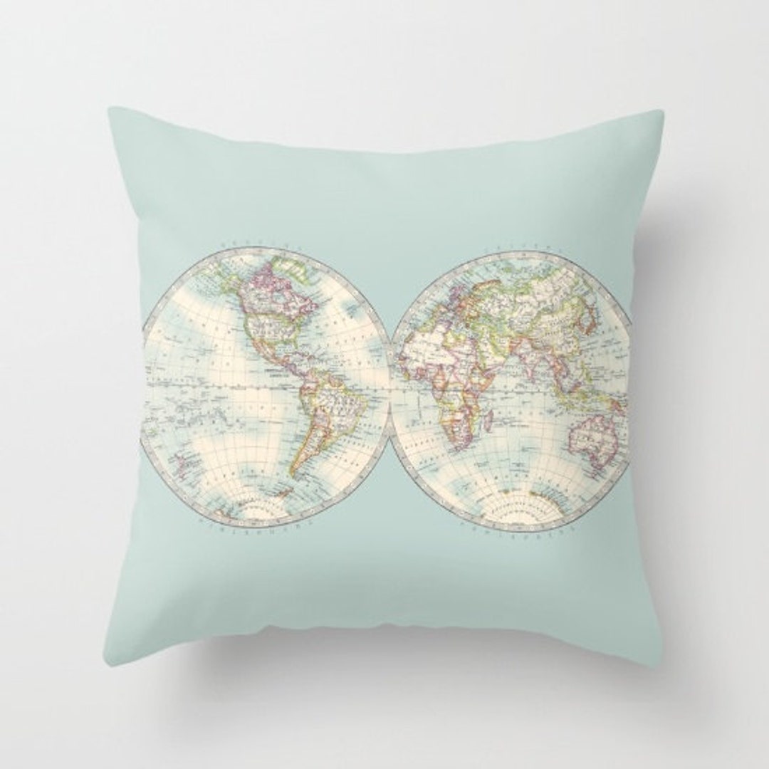 World Map Pillow - Hemispheres Historical World Map, Soft Teal Travel ...