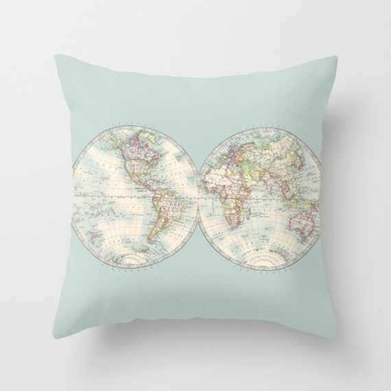 World Map Pillow Hemispheres Historical World Map Soft Teal | Etsy