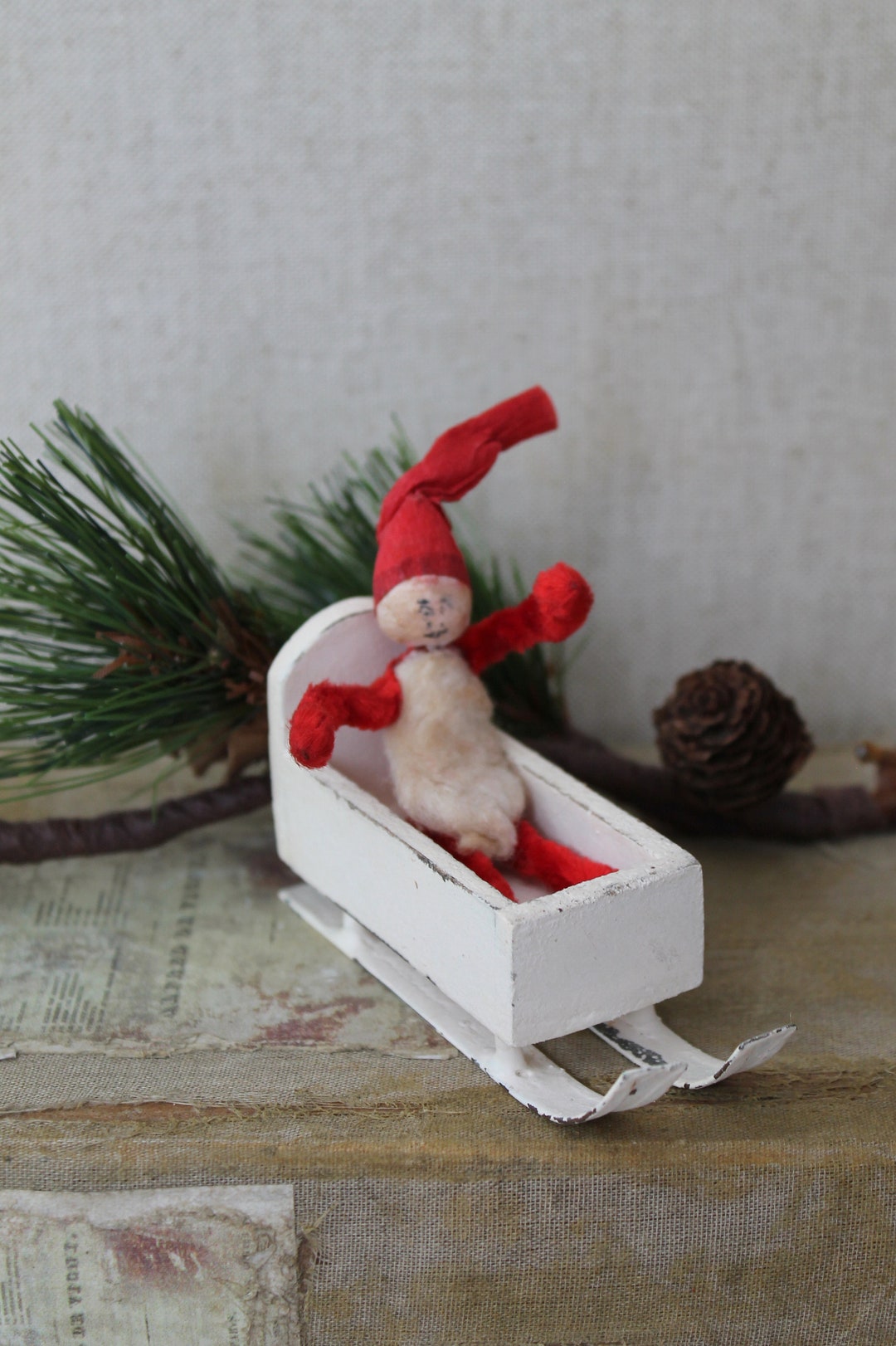 Vintage Small Chenille Pipe Cleaner Elf/santa/belsnickel on Sled With ...