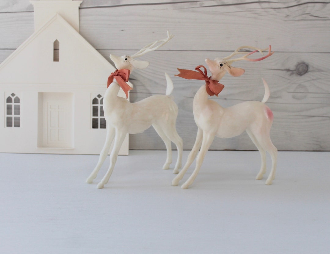 Mid Century Pair of Small White Rubbery Plastic Reindeer Figures ...