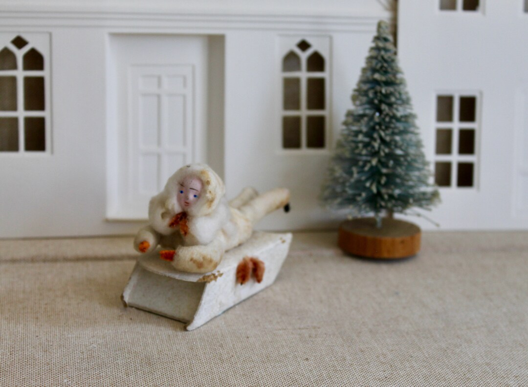 Antique Spun Cotton Figure on Cardboard Mica Sled - Christmas Decor ...