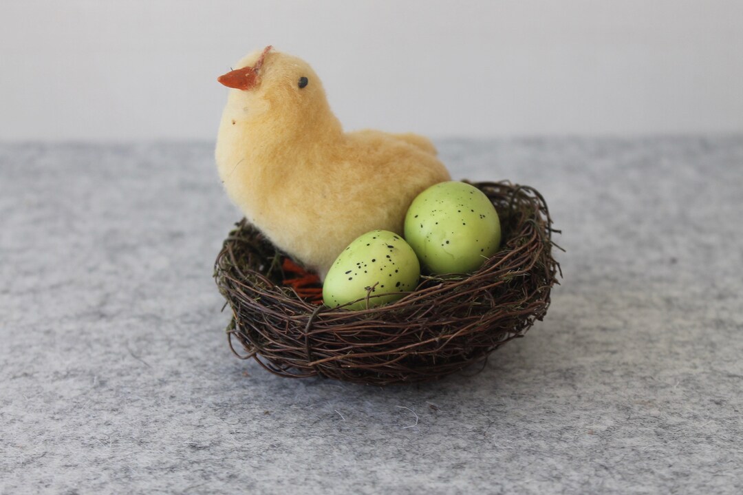 Vintage Spun Cotton Easter Chick With Vine Nest and Faux Plastic Eggs ...
