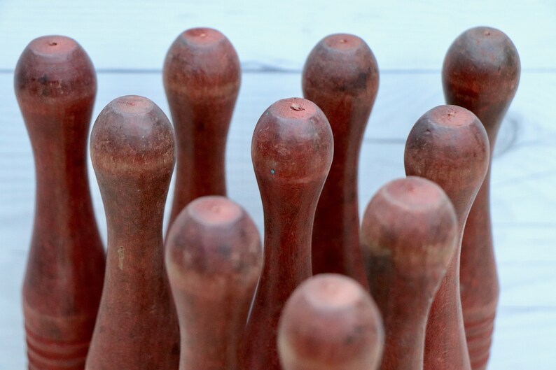 Vintage Wood Bowling Ten Pin Set Vintage Set of 10 Striped - Etsy