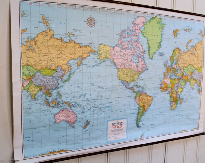 Paper World Map/ Vintage Hanging Wall Map/ Classroom Rolled Chart/ Rand ...