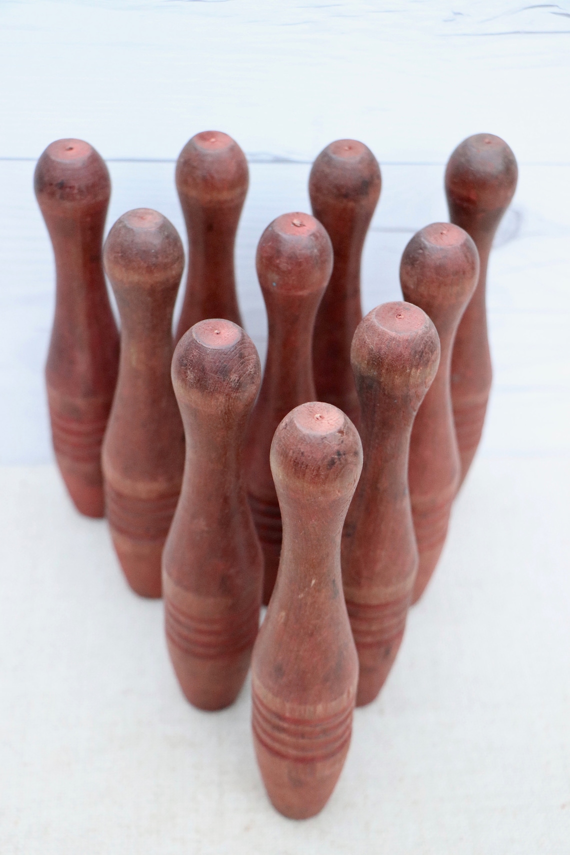 Vintage Wood Bowling Ten Pin Set Vintage Set of 10 Striped - Etsy
