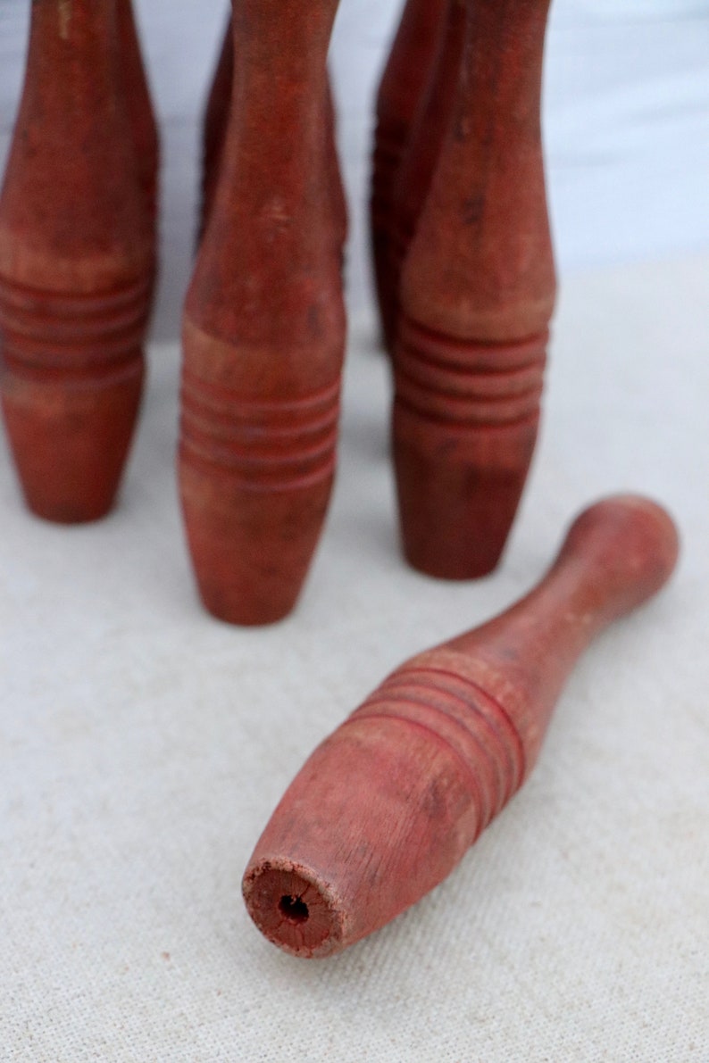 Vintage Wood Bowling Ten Pin Set, Vintage Set of 10 Striped Wooden ...