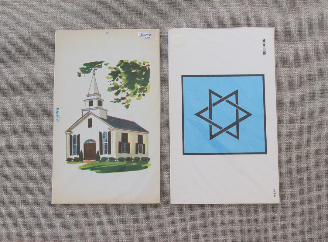 Vintage 2 Religious Flash Cards, - Religion - Star of David and Church ...