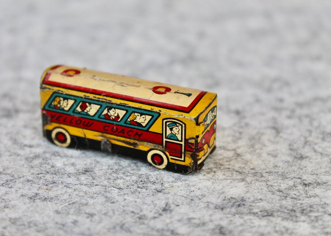 Antique Miniature Tin Lithograph Yellow Coach Bus, Vintage Tiny Tin ...