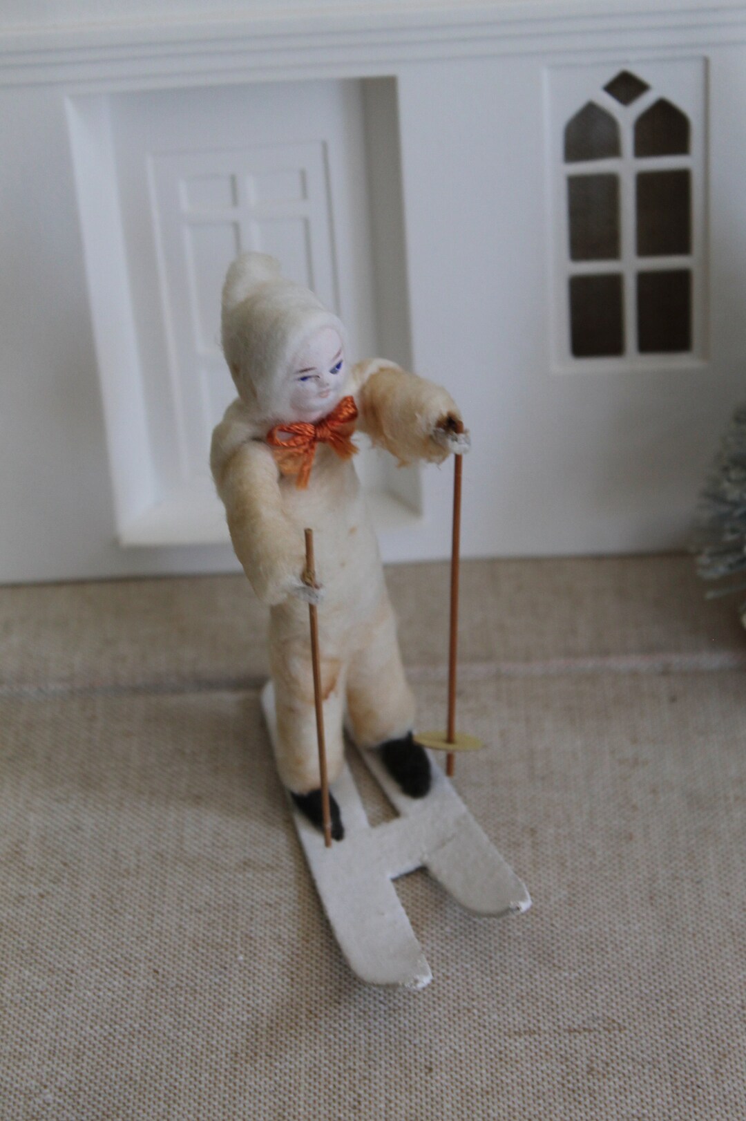 Antique Small Spun Cotton Skier Figure - Christmas Scene Decor, Vintage ...