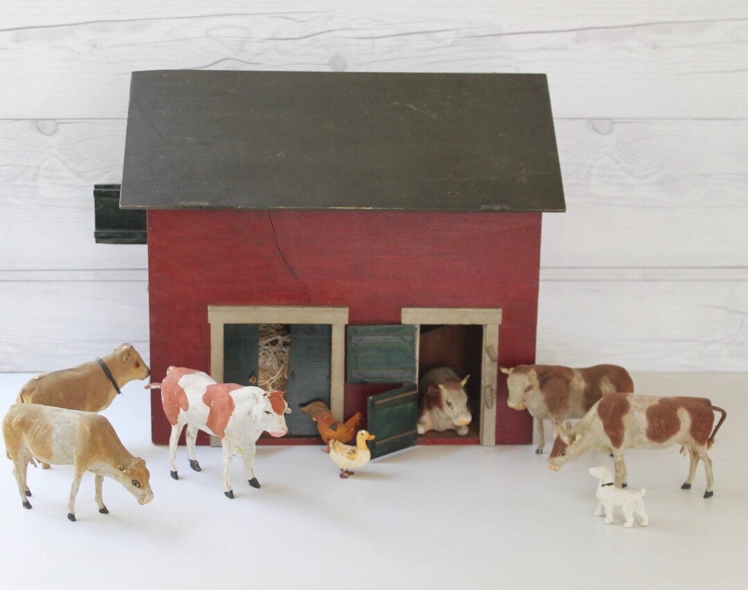 Vintage Handcrafted Wood Barn Play Set, Wooden Barn With Stick Leg ...