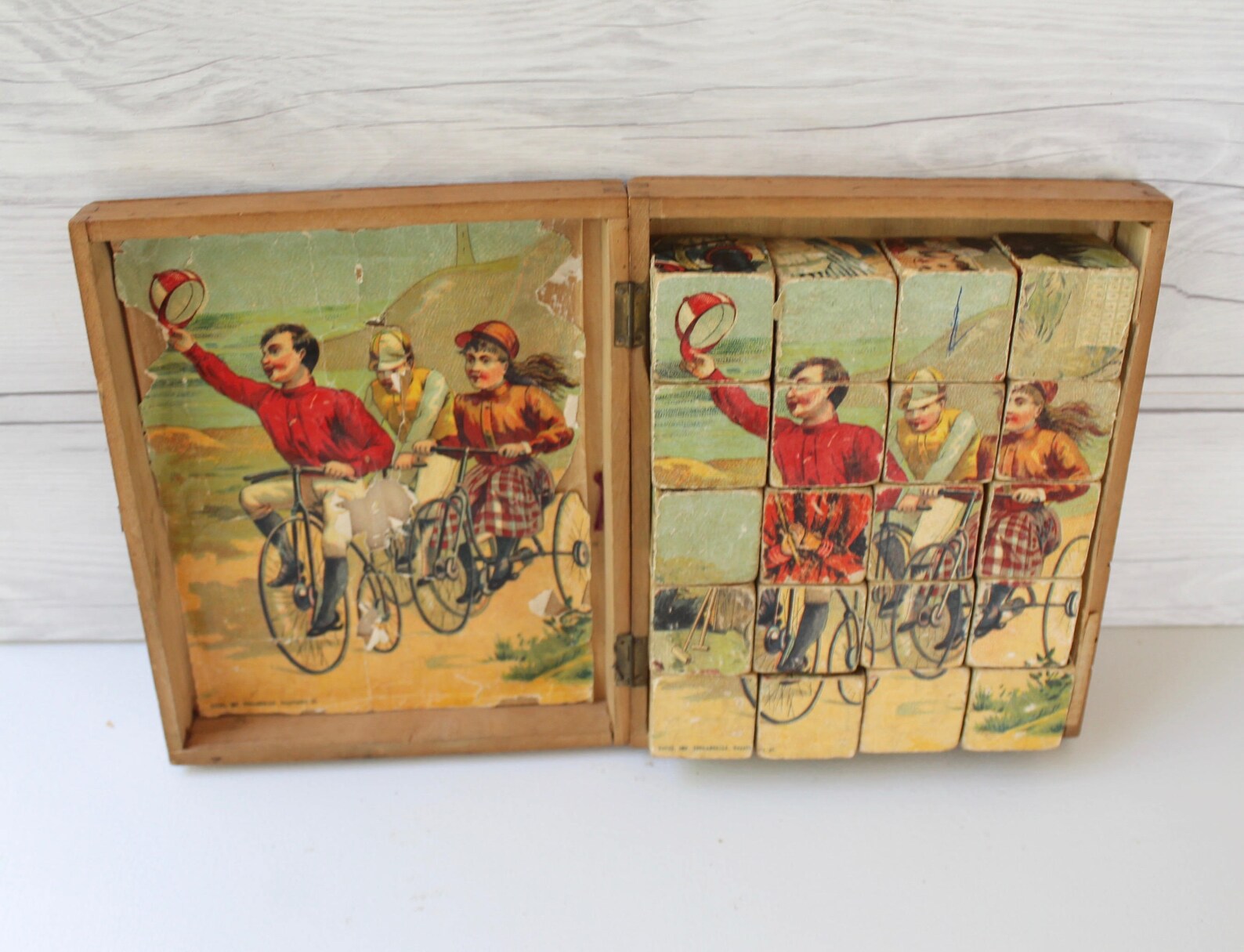 Vintage French Wooden Victorian Lithograph Picture Blocks Set in ...