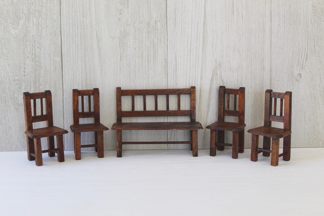 Vintage Wood Dollhouse Chairs (4) and Bench, Vintage Wooden Dollhouse ...
