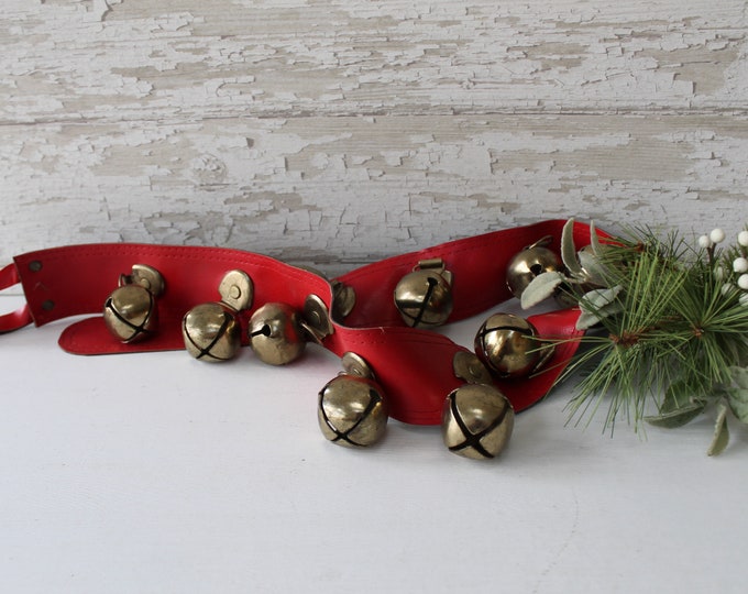 Vintage Unique Red Strap With 12 Large Gold Metal Jingle Bells, Vintage ...