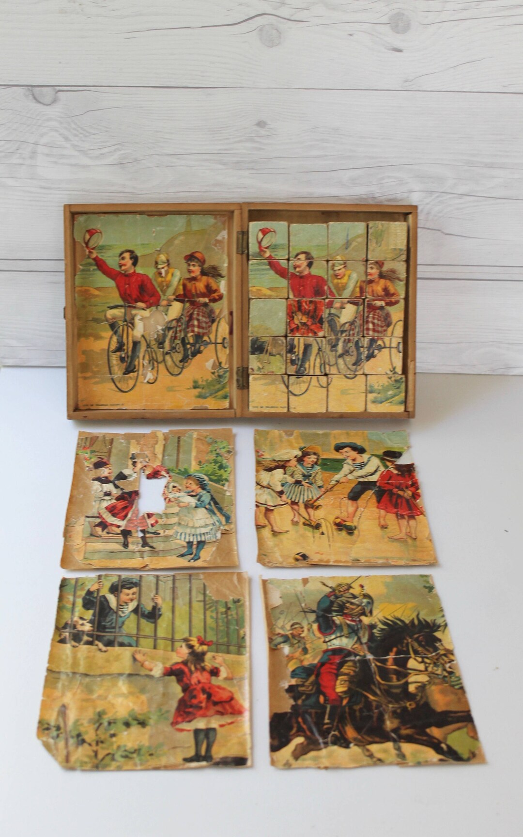 Vintage French Wooden Victorian Lithograph Picture Blocks Set in ...
