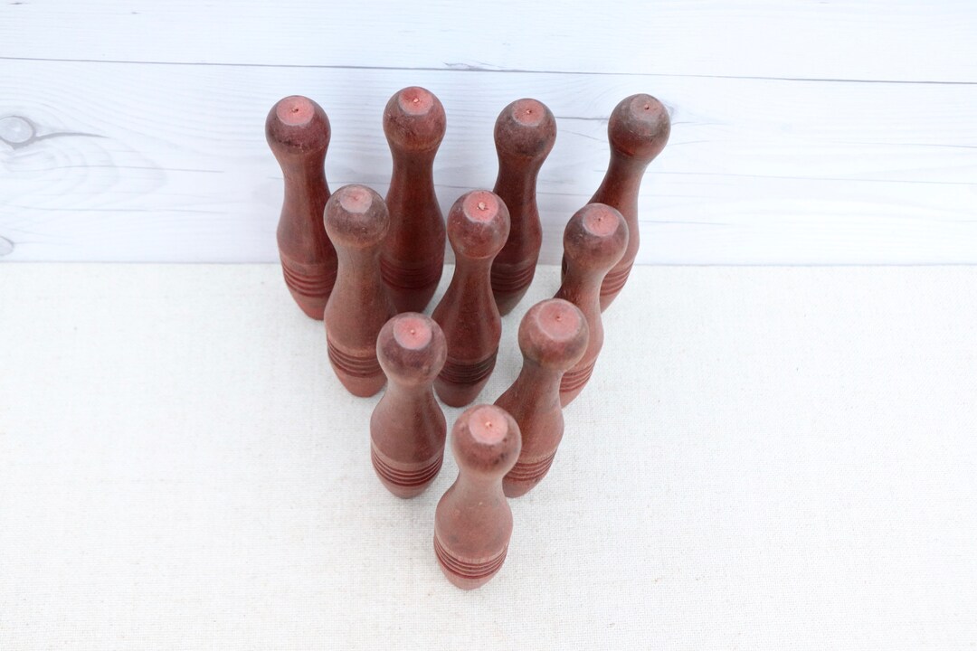 Vintage Wood Bowling Ten Pin Set, Vintage Set of 10 Striped Wooden ...