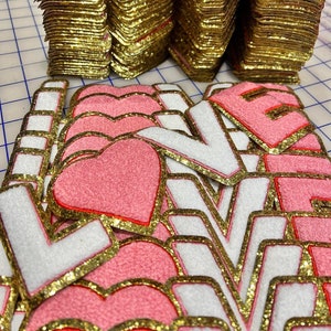 Love Iron on Chenille Patches With Gold-glitter Edging - Valentine's Day Love Chenille Patches ...