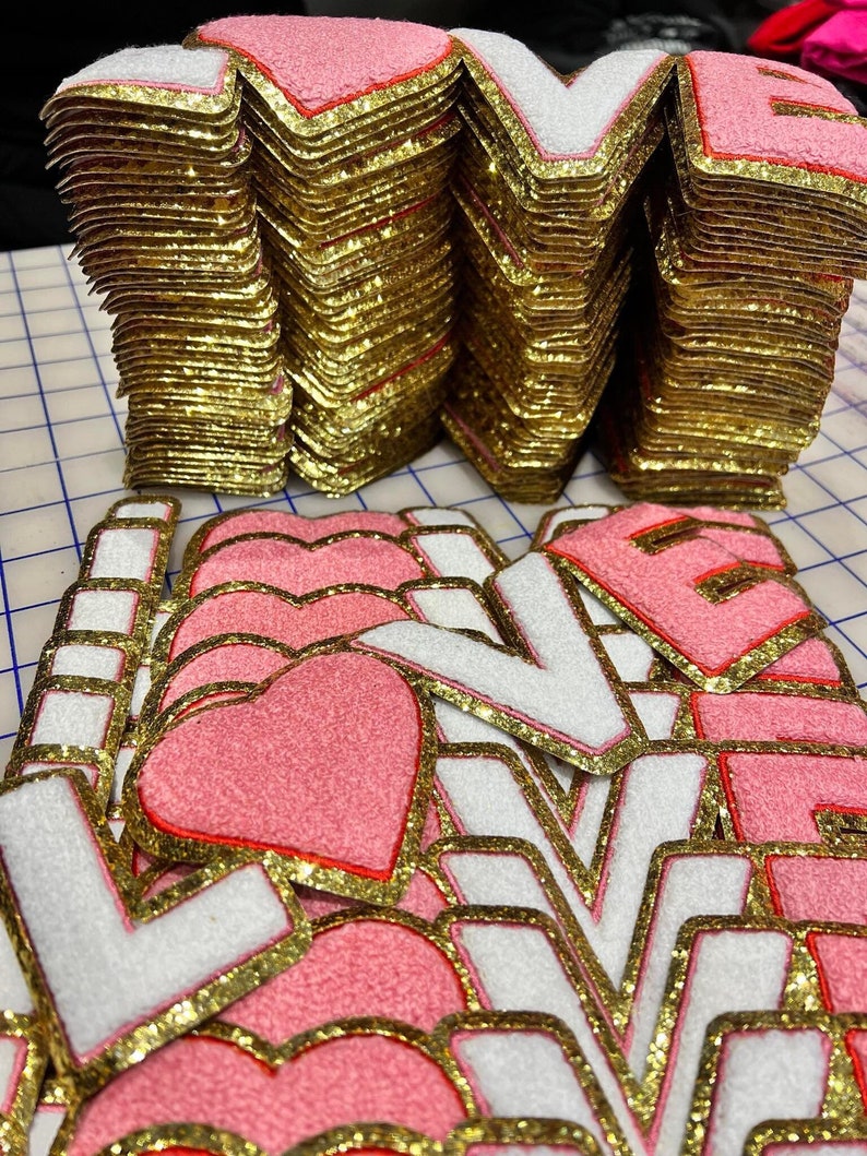 Love Iron on Chenille Patches With Gold-glitter Edging - Valentine's ...