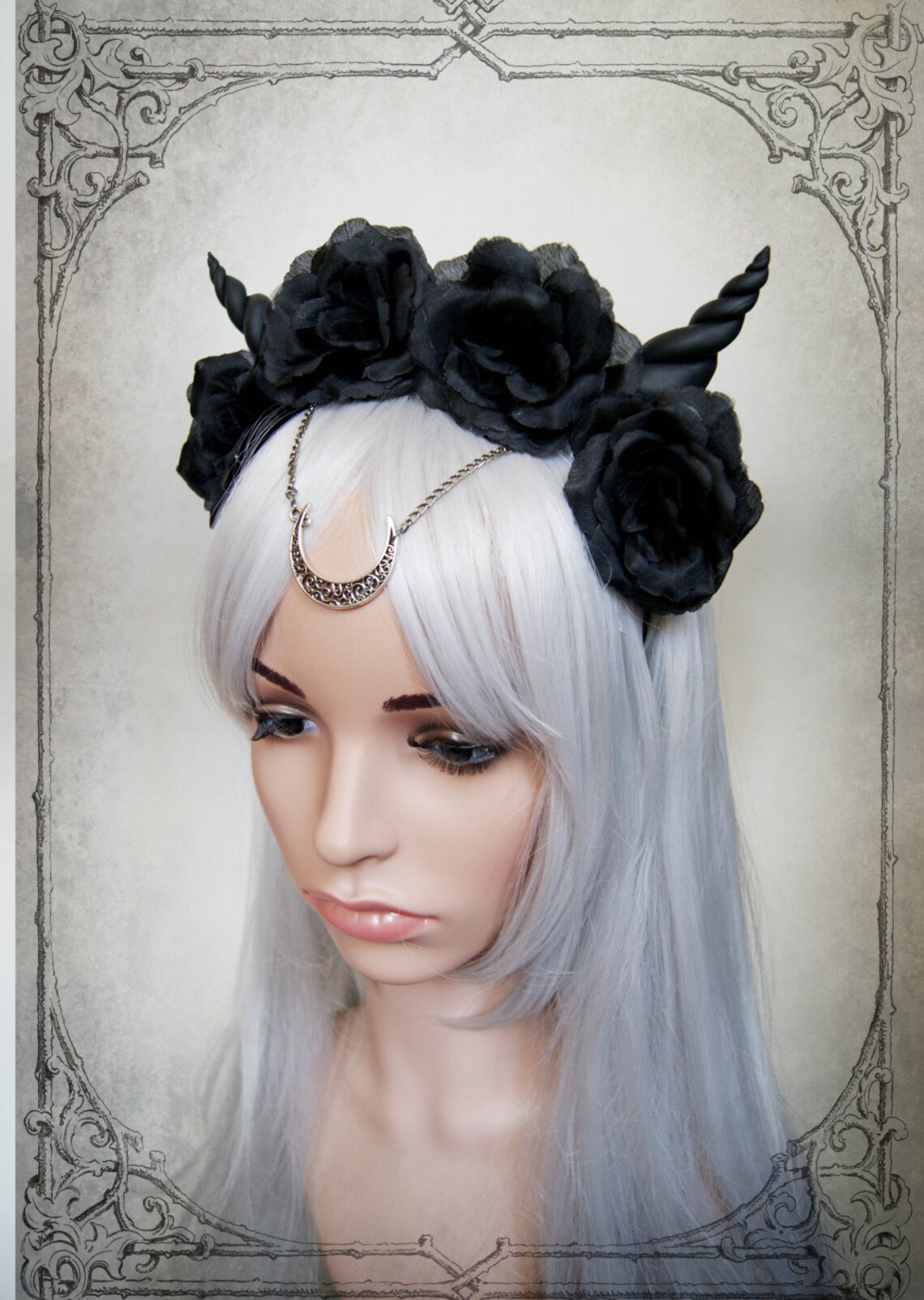 Moon Devil Flower Crown ( Horns , Headdress, Roses, Goth , Fantasy ) - Etsy