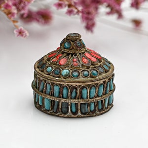 Tibet Trinket / Pill Box, Turquoise & Coral Agate Adorned, Antique ...