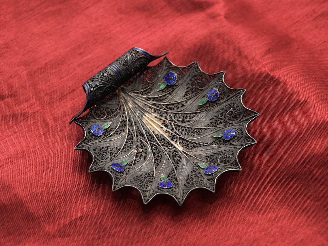 Peacock Tray Filigree Silver & Enamel Dish Feather Shaped Trinket Tray ...