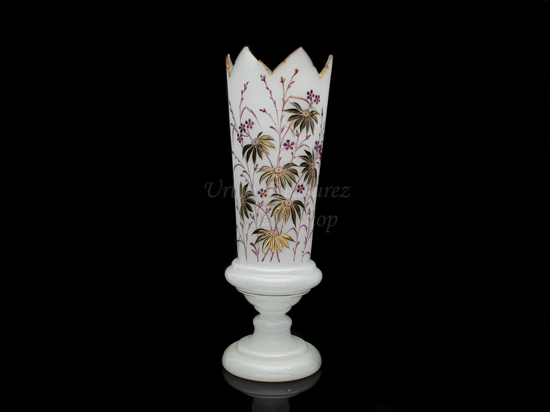 Victorian Opaline Glass Vase • Enamel Flower Hand Painted Gold Gilt ...
