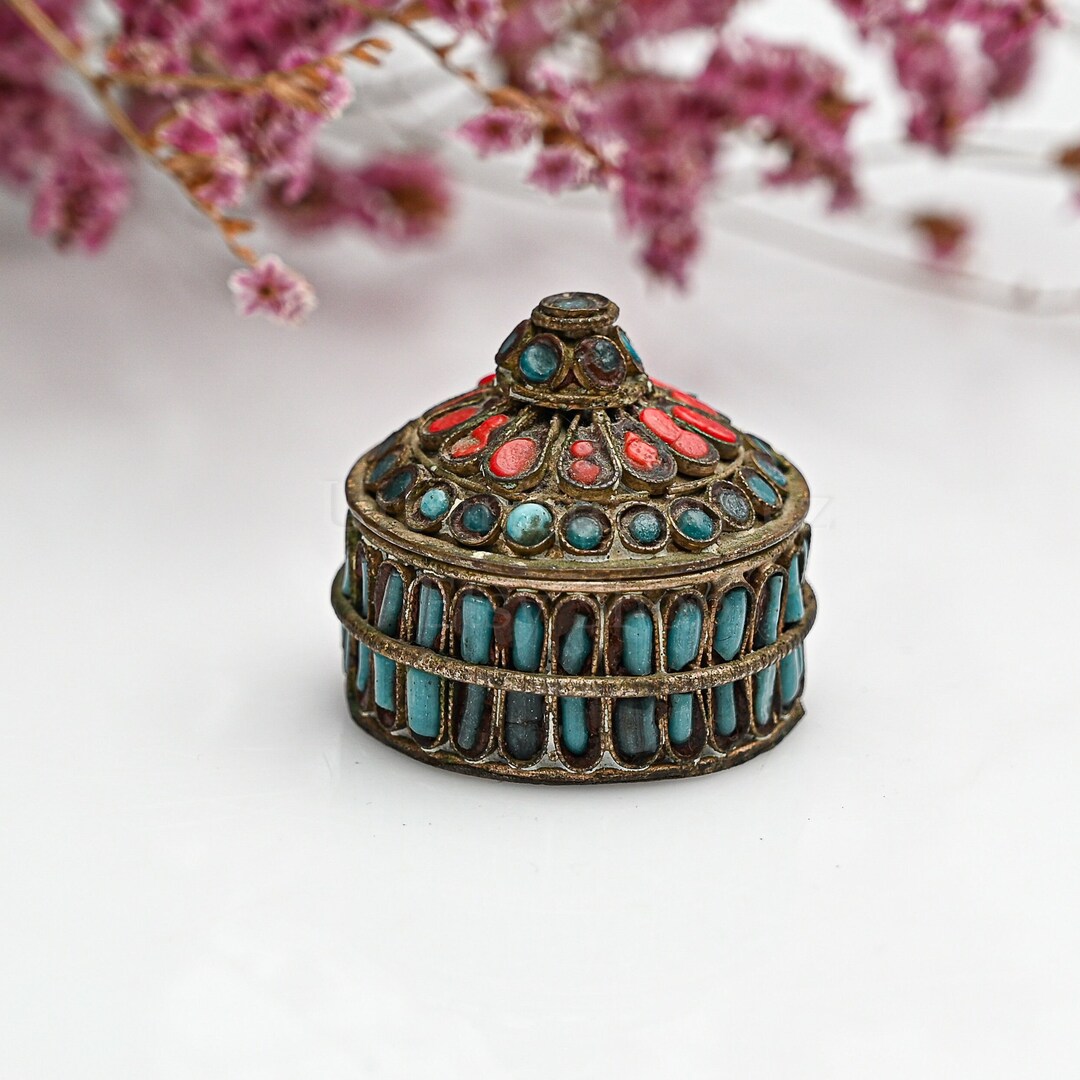 Tibet Trinket / Pill Box, Turquoise & Coral Agate Adorned, Antique ...