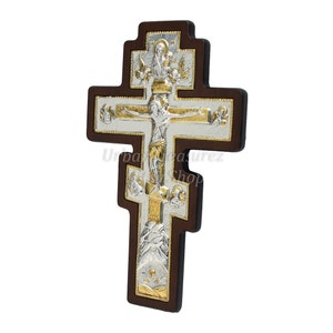 Wall Crucifix Orthodox Cross Silver & Gold on Wood, Three Line Cross ...