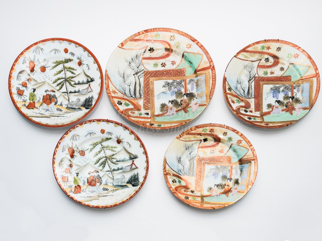 Kutani Plates Set, Antique Japan Decor • Porcelain Plate Wall Hang ...