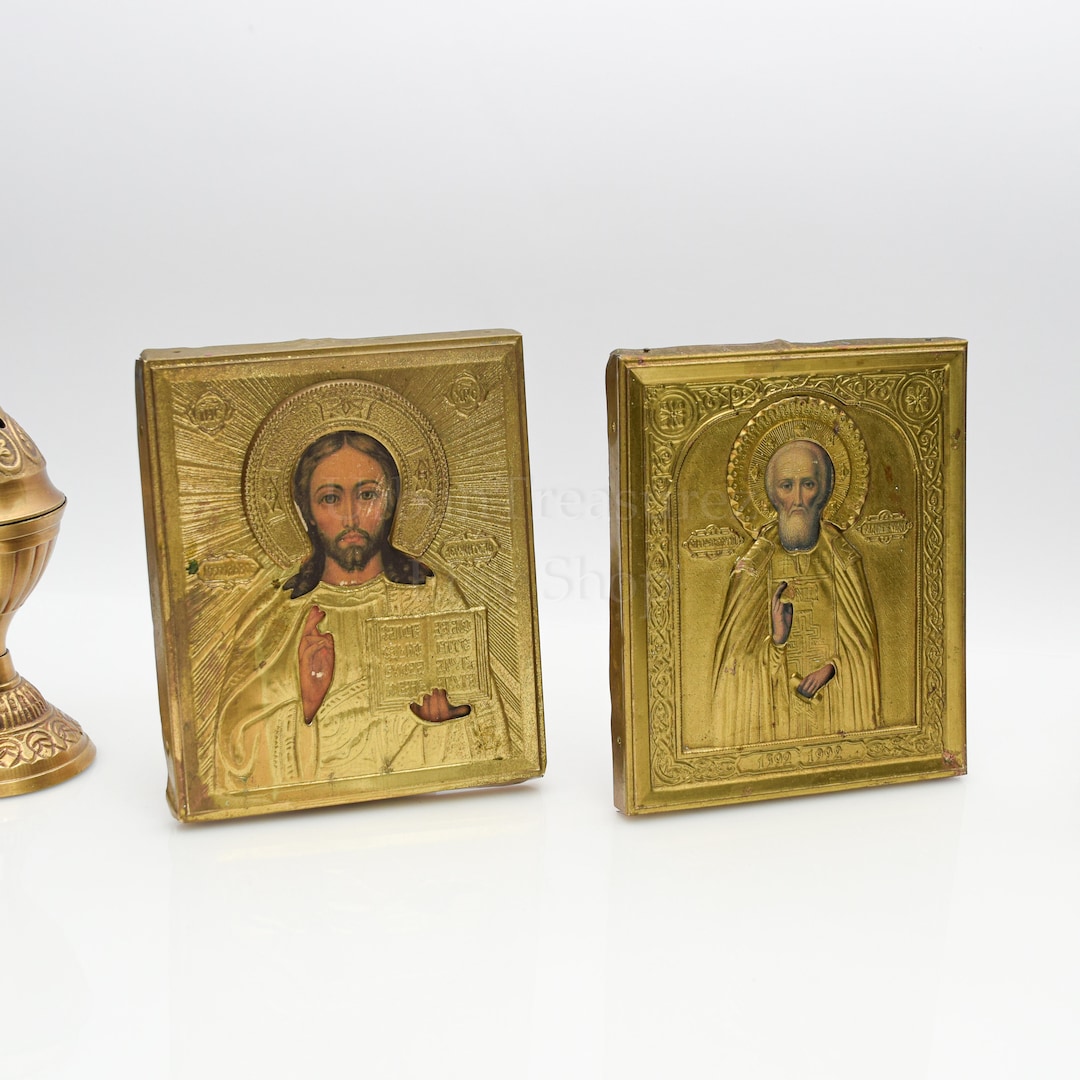 Eastern Orthodox Altar Icon Set, Vintage Gold Plated Brass Icons, Jesus ...