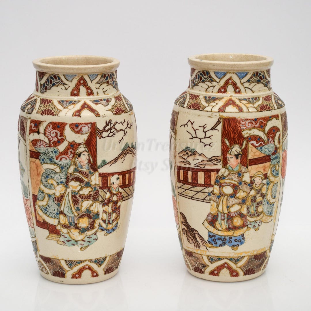 Samurai Vase Meiji Pottery Satsuma Taisho Vase Pair With Imperial Japan ...