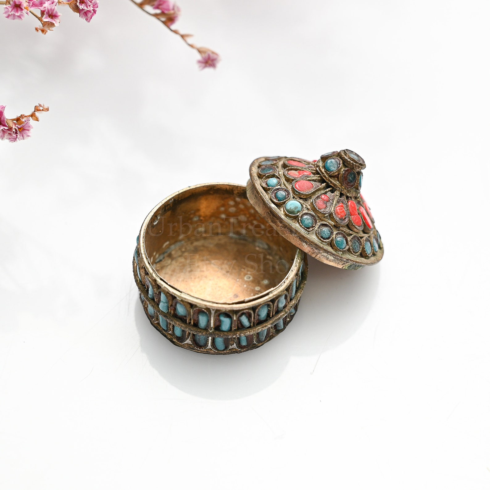 Tibet Trinket / Pill Box, Turquoise & Coral Agate Adorned, Antique ...