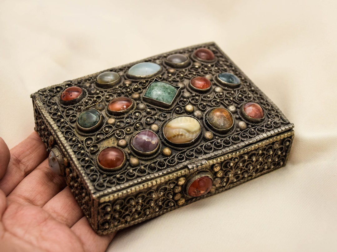 Trinket Agate Jewelry Box Semi-precious Stones Case Vintage Filigree ...
