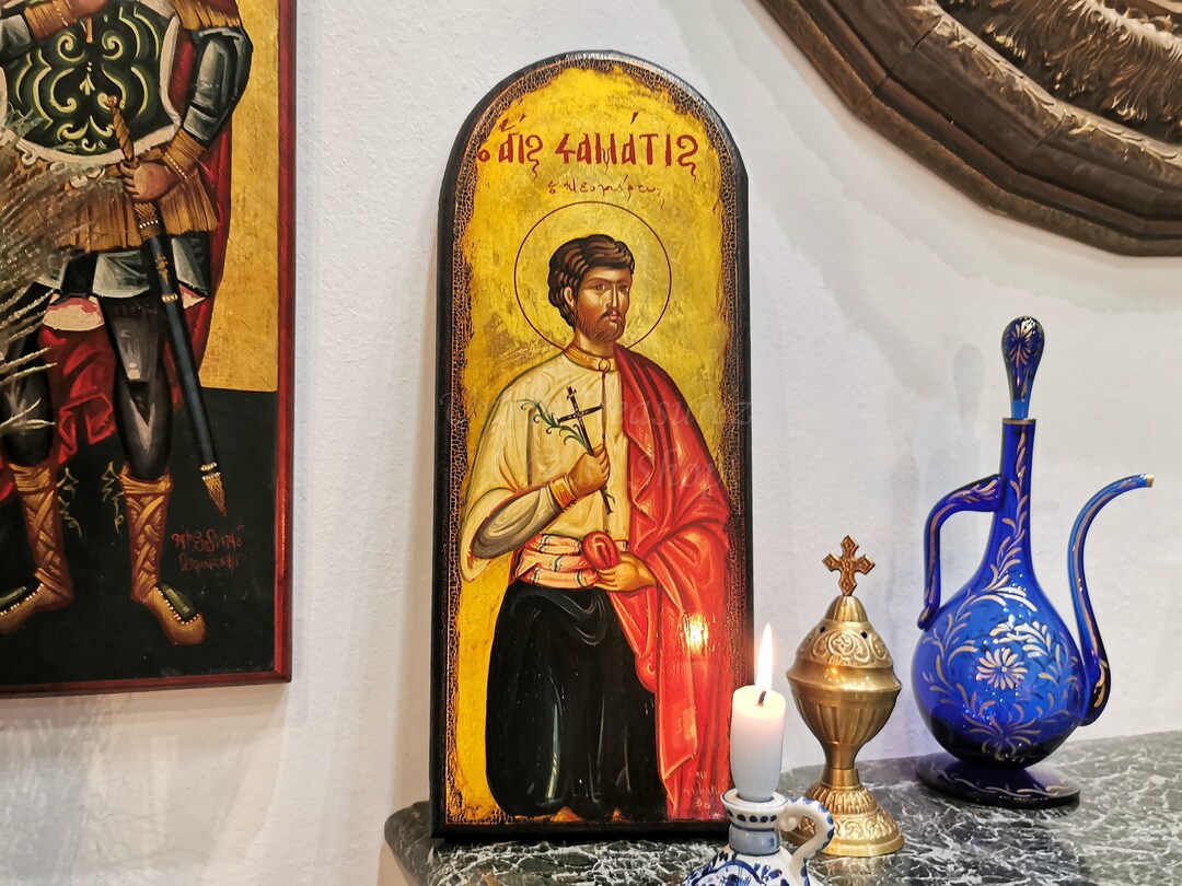 Saint Stamatios Byzantine Art Icon, Orthodox Greek Holy Altar Wall Hang ...