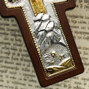 Wall Crucifix Orthodox Cross Silver & Gold on Wood, Three Line Cross ...