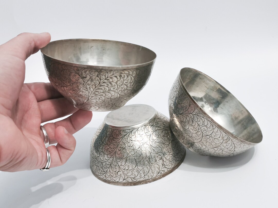 Islamic Silver Bowl Etched Floral Solid Silver 800 Three Bowls SET ...