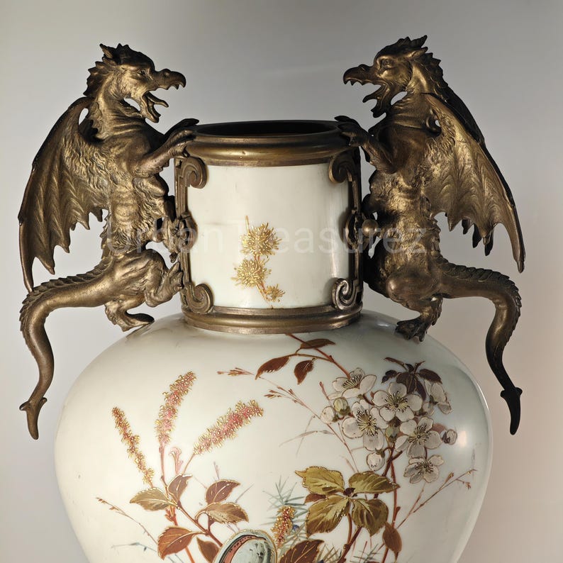 19th C. Gothic Revival Dragons Vase / Hand Painted Art Glass ...